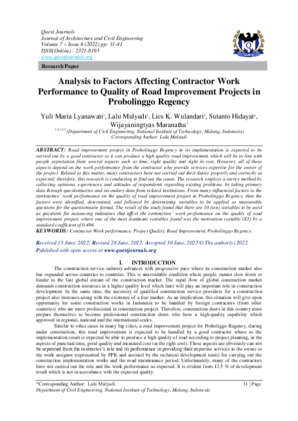 (PDF) Analysis to Factors Affecting Contractor Work Performance to ...