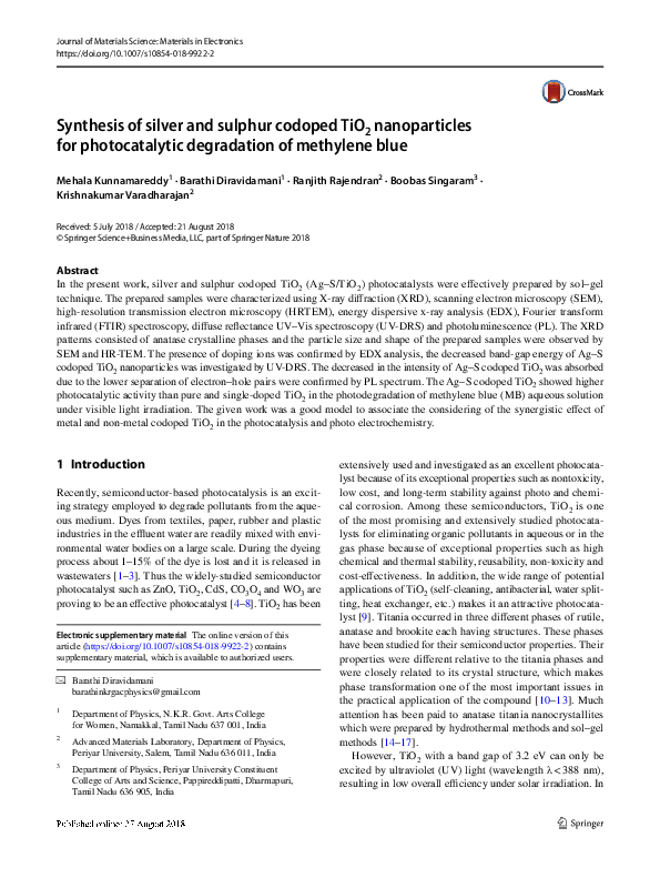 (PDF) Synthesis of silver and sulphur codoped TiO2 nanoparticles for ...