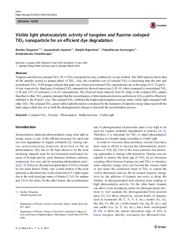 (PDF) Visible light photocatalytic activity of tungsten and fluorine ...