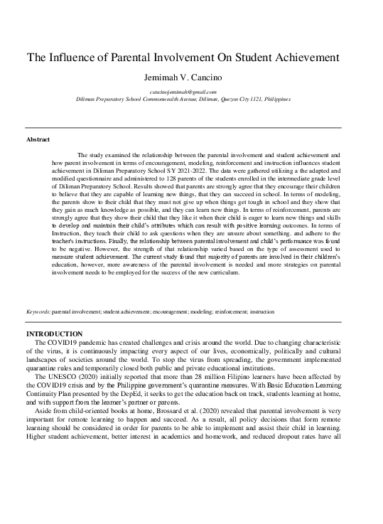 (PDF) The Influence of Parental Involvement On Student Achievement