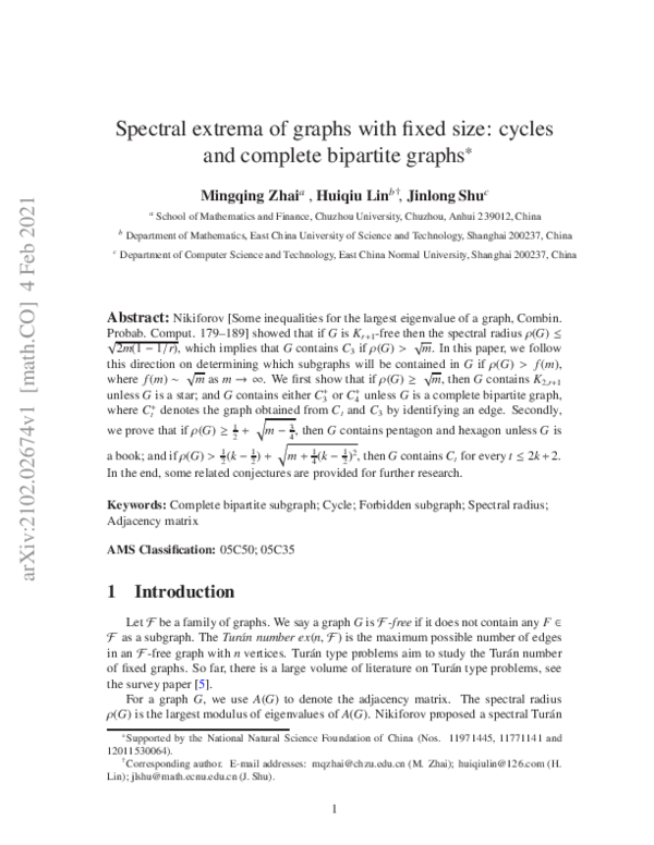 Pdf Spectral Extrema Of Graphs With Fixed Size Cycles And Complete Bipartite Graphs