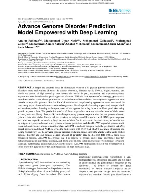 (PDF) Advance Genome Disorder Prediction Model Empowered with Deep Learning
