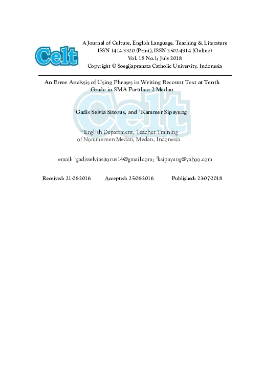 (PDF) An Error Analysis of Using Phrases in Writing Recount Text at Tenth Grade in SMA Parulian ...