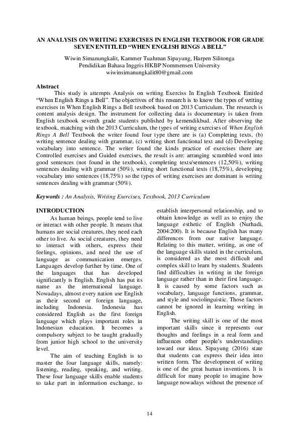 (PDF) An Analysis on Writing Exercises in English Textbook for Grade ...
