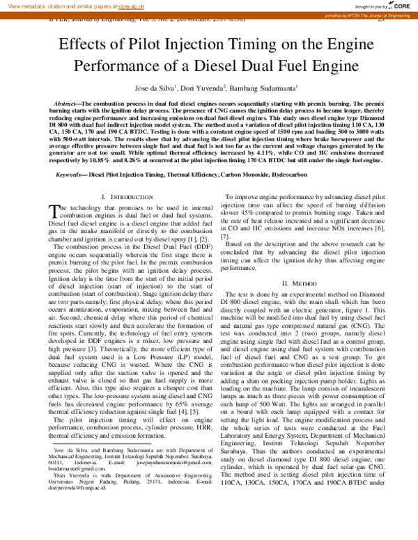 Pdf Effects Of Pilot Injection Timing On The Engine Performance Of A Diesel Dual Fuel Engine