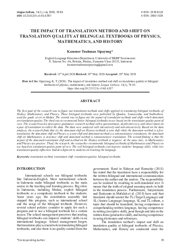 (PDF) The Impact of Translation Method and Shift on Translation Quality ...