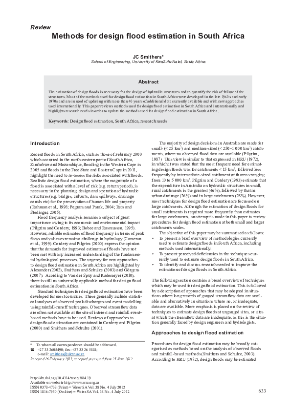 Pdf Methods For Design Flood Estimation In South Africa