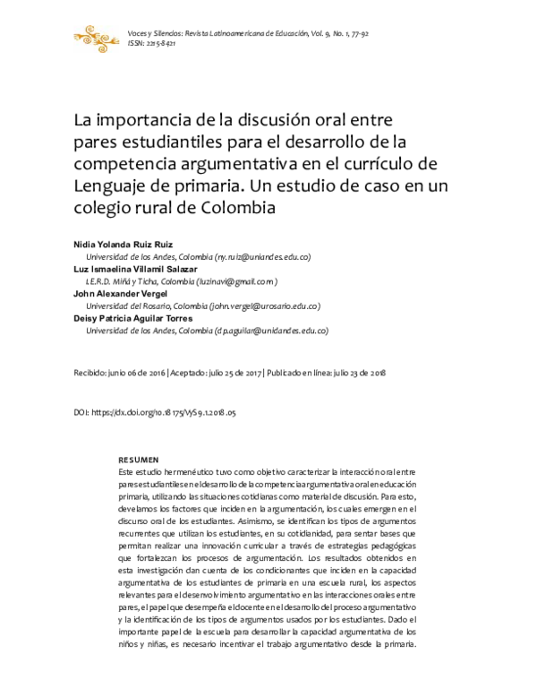 (PDF) La importancia de la discusión oral entre pares estudiantiles ...