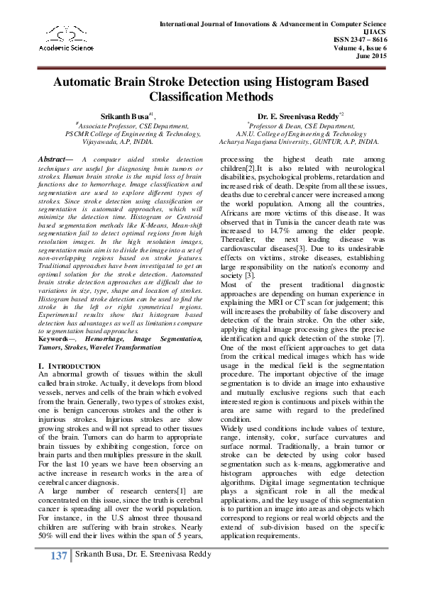 (PDF) Automatic Brain Stroke Detection using Histogram Based Classification Methods
