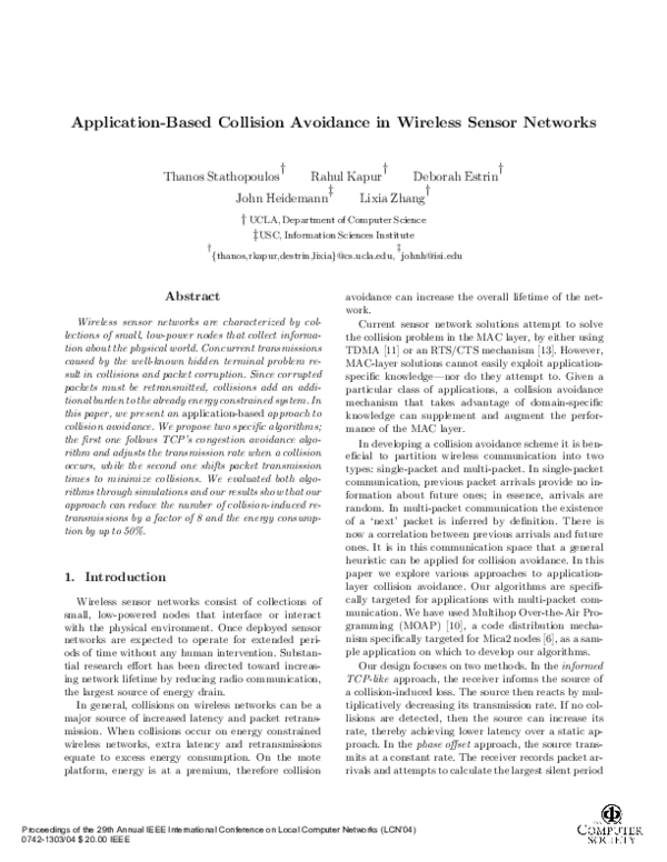 (PDF) Application-based collision avoidance in wireless sensor networks