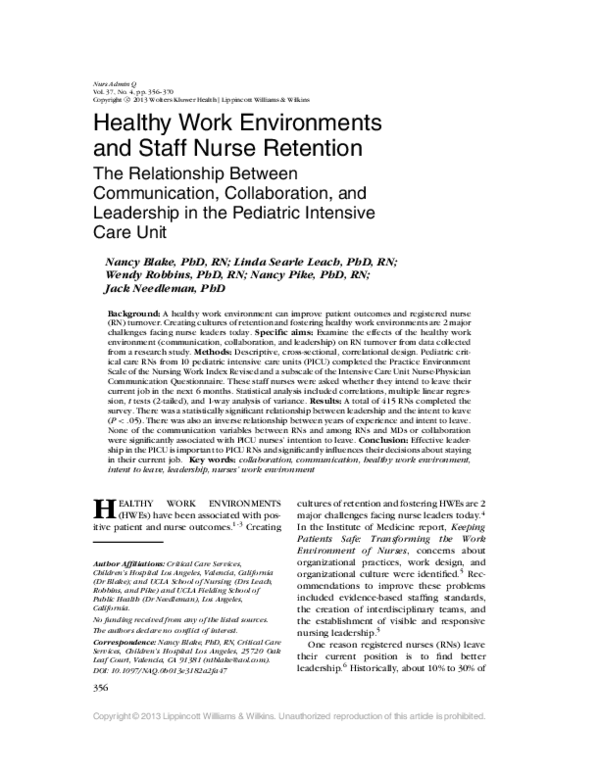 (PDF) Healthy Work Environments and Staff Nurse Retention