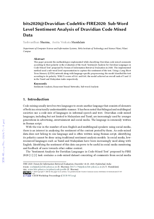 Pdf Bits2020dravidian Codemix Fire2020 Sub Word Level Sentiment Analysis Of Dravidian Code