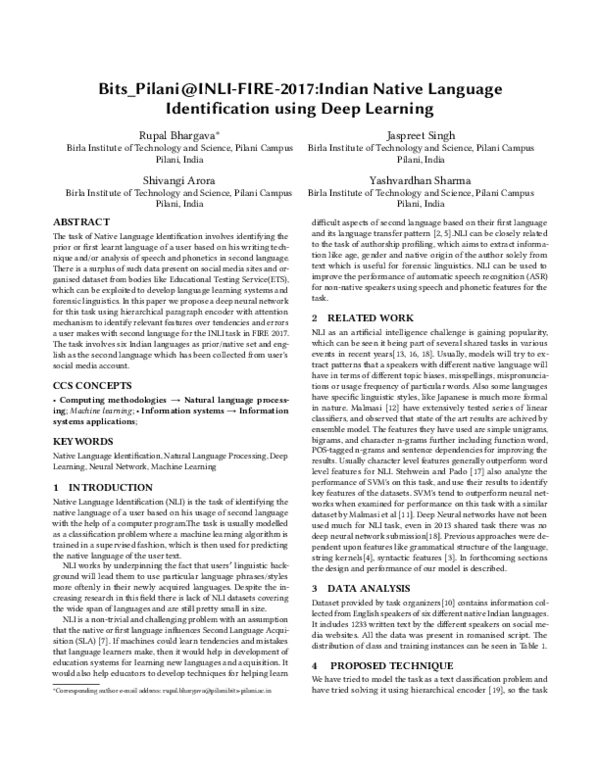 (PDF) Bits_Pilani@INLI-FIRE-2017: Indian Native Language Identification using Deep Learning