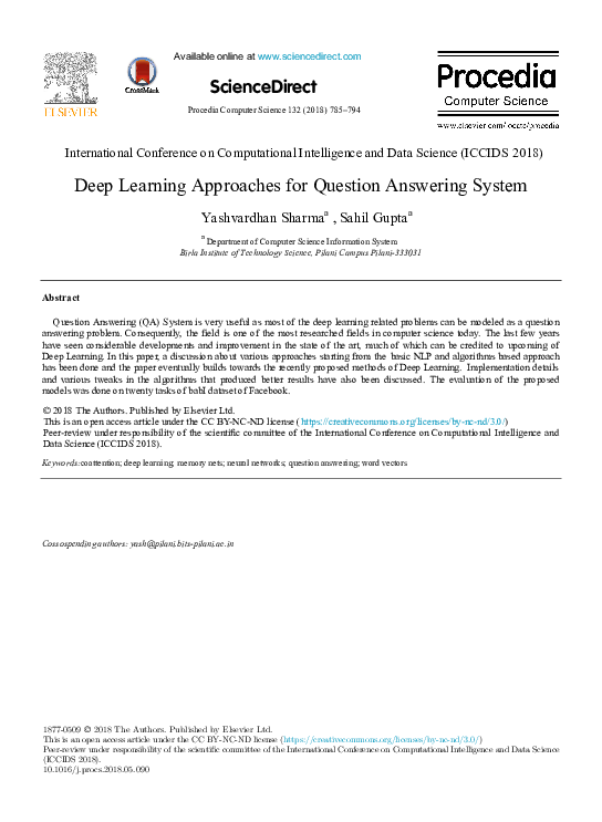 (PDF) Deep Learning Approaches for Question Answering System