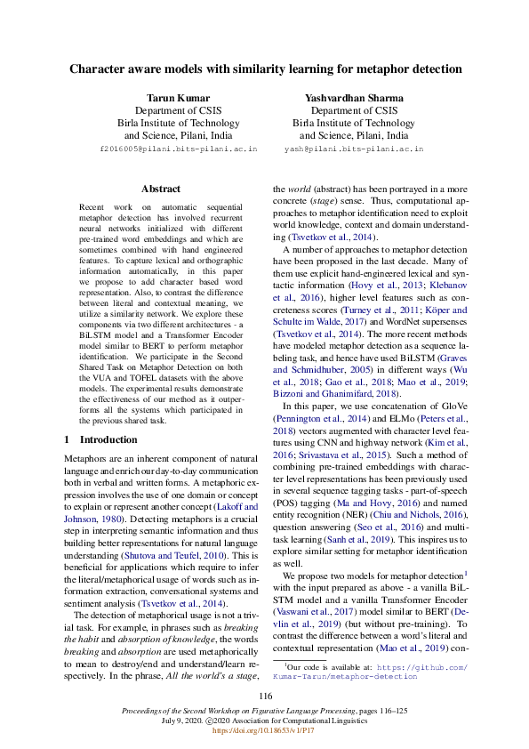 (PDF) Character aware models with similarity learning for metaphor detection