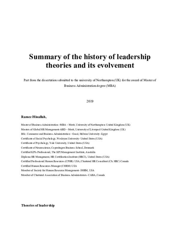 (DOC) Summary of the history of leadership theories and its evolvement