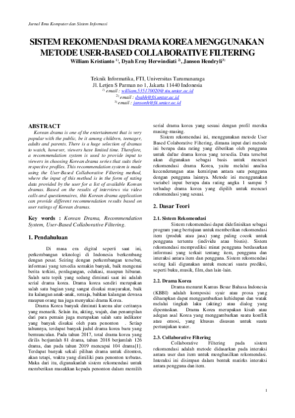 (PDF) Sistem Rekomendasi Drama Korea Menggunakan Metode User-Based ...