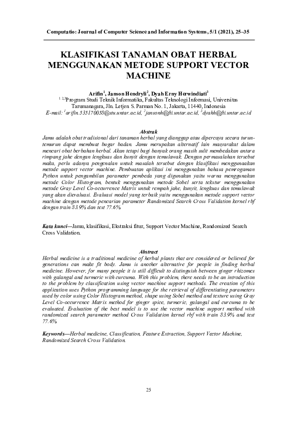 (PDF) Klasifikasi Tanaman Obat Herbal Menggunakan Metode Support Vector Machine