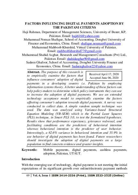 (PDF) Factors Influencing Digital Payments Adoption in Pakistan