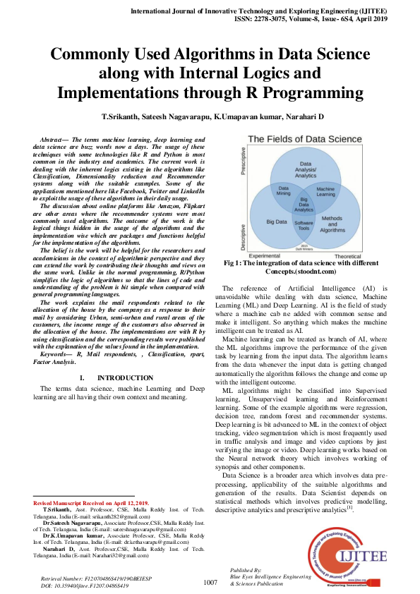 Pdf Commonly Used Algorithms In Data Science Along With Internal Logics And Implementations