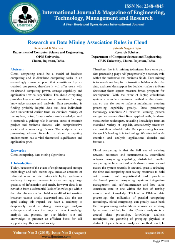 Pdf Research On Data Mining Association Rules In Cloud