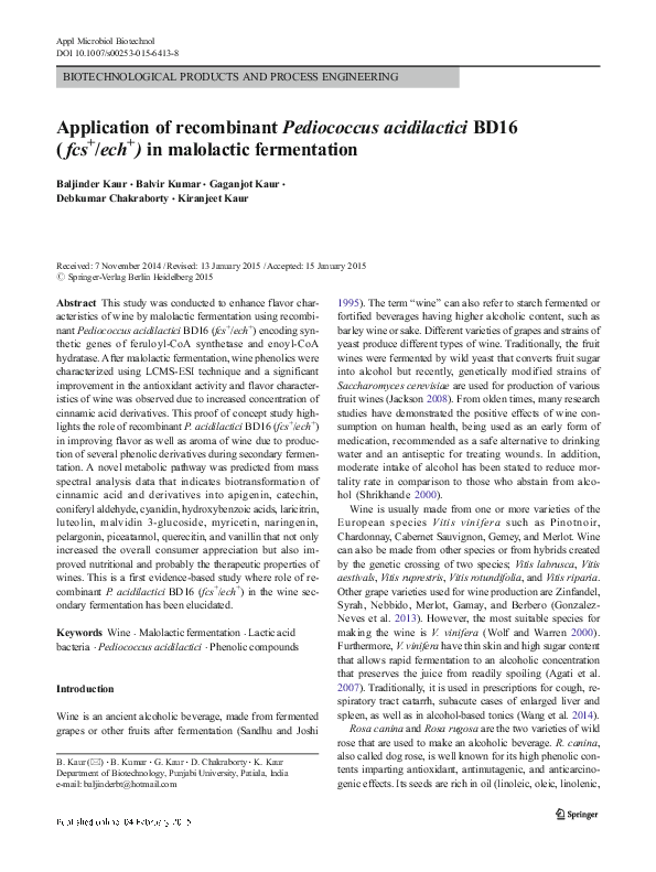 (PDF) Application of recombinant Pediococcus acidilactici BD16 (fcs + /ech + ) in malolactic ...