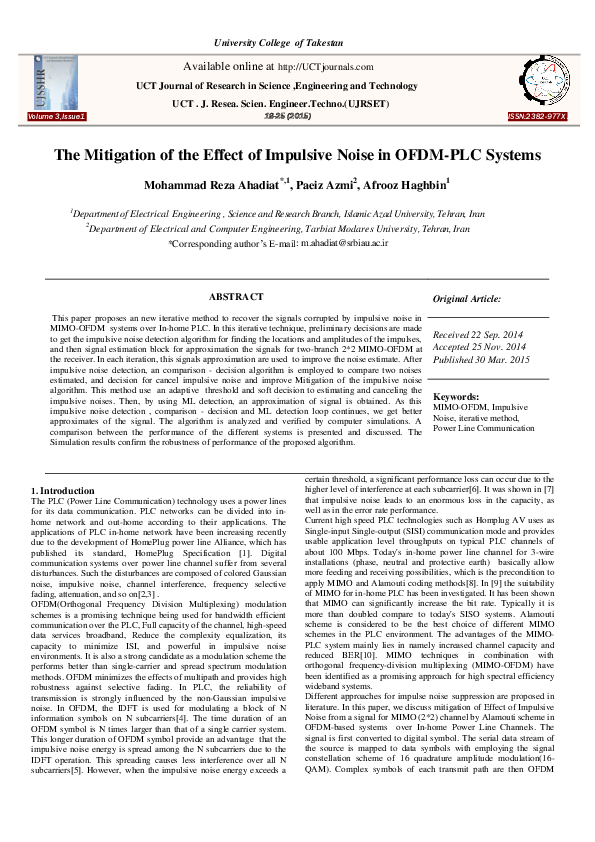Pdf The Mitigation Of The Effect Of Impulsive Noise In Ofdm Plc Systems
