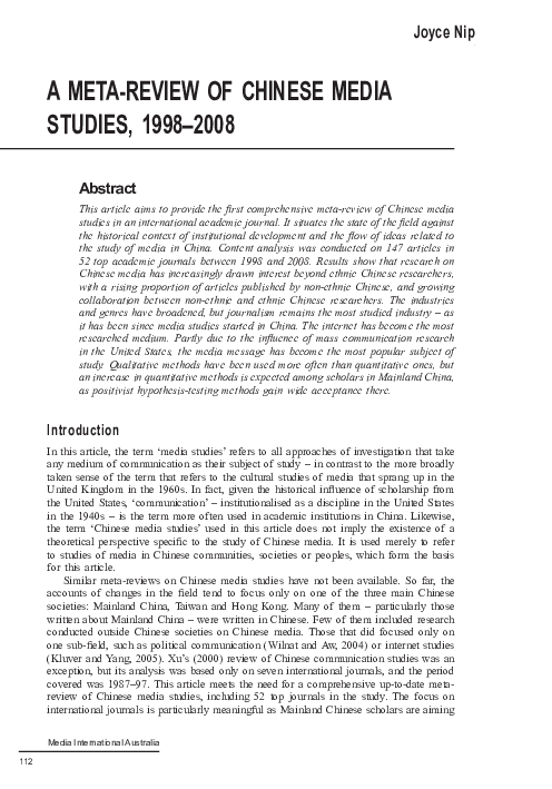 (PDF) A Meta-Review of Chinese Media Studies, 1998–2008