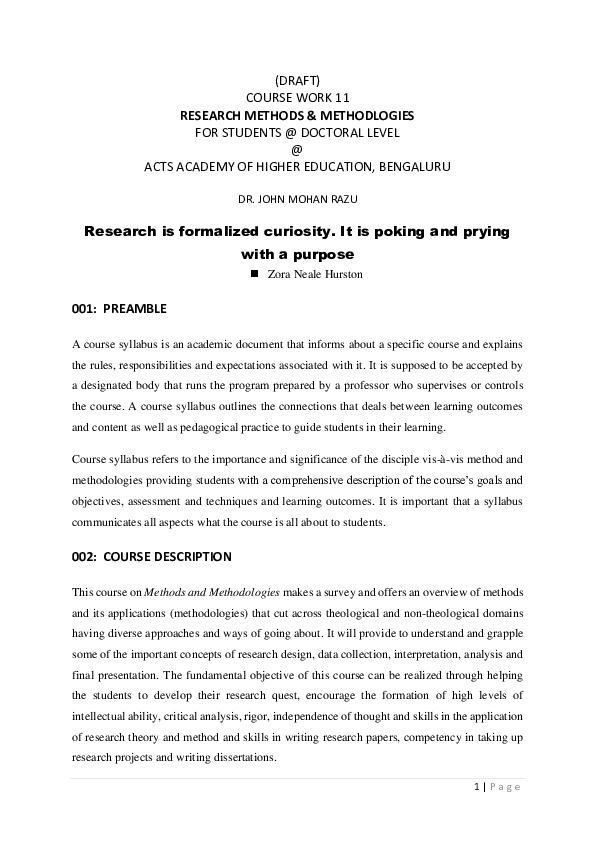 (PDF) DRAFT) COURSE WORK 11 RESEARCH METHODS & METHODLOGIES FOR ...