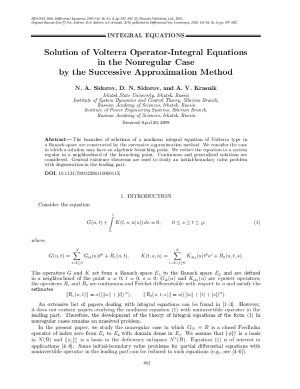 Pdf Solution Of Volterra Operator Integral Equations In The Nonregular Case By The Successive