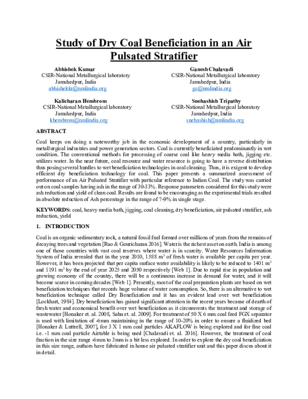 (PDF) Study of dry coal beneficiation in an Air pulsated Stratifier