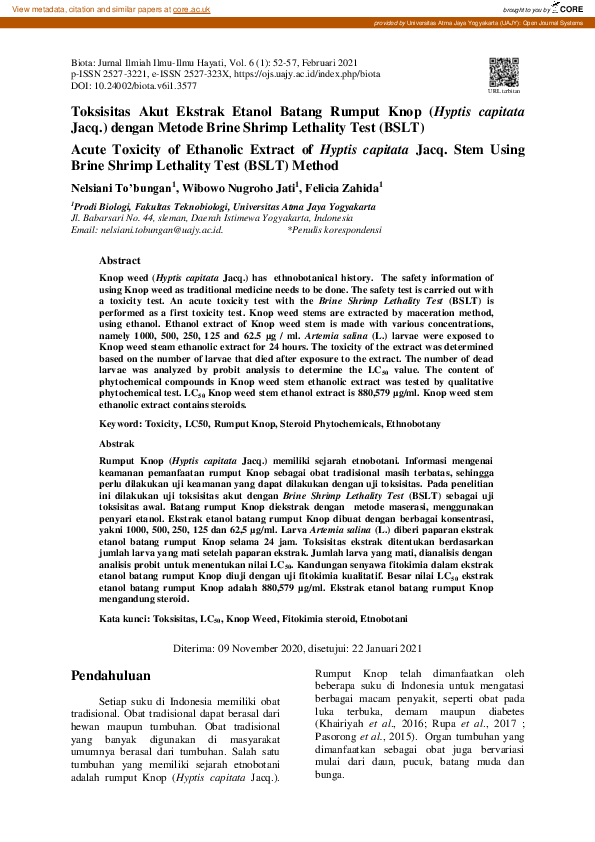 (PDF) Toksisitas Akut Ekstrak Etanol Batang Rumput Knop (Hyptis ...
