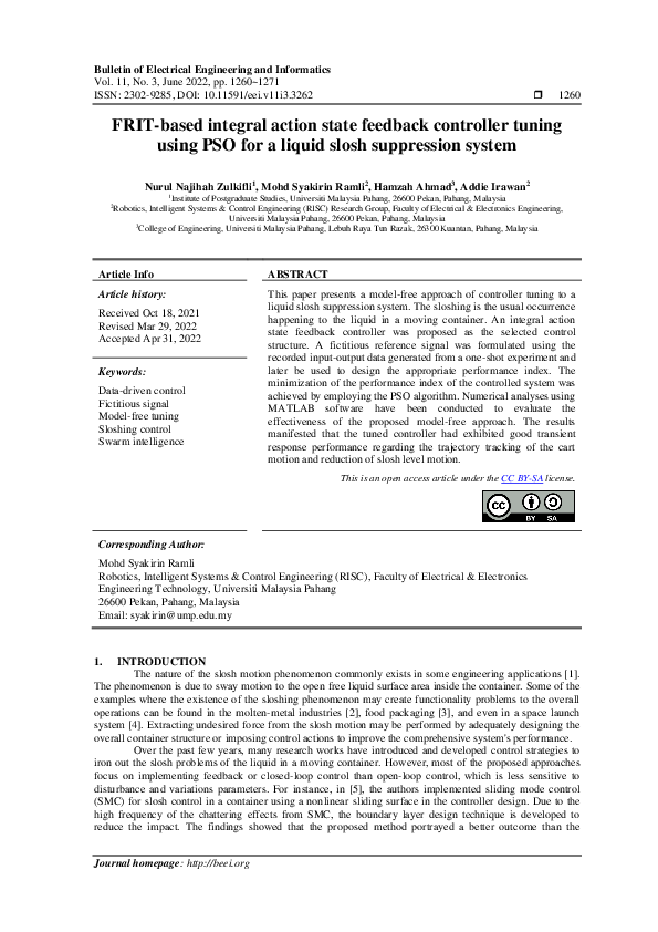 (PDF) FRIT-based integral action state feedback controller tuning using PSO for a liquid slosh ...
