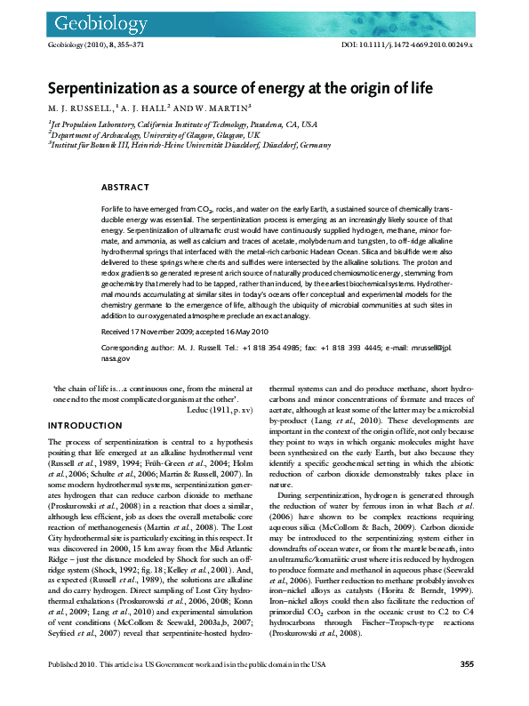 (PDF) Serpentinization as a source of energy at the origin of life