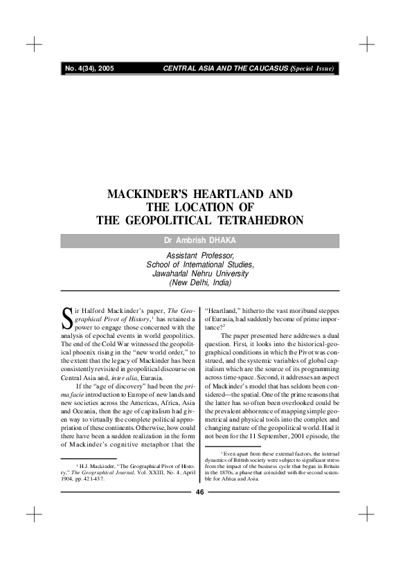 (PDF) Mackinder's Heartland and the Location of the Geopolitical ...