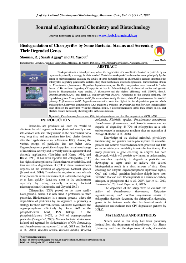 (PDF) Biodegradation of Chlorpyrifos by Some Bacterial Strains and Screening Their Degraded Genes
