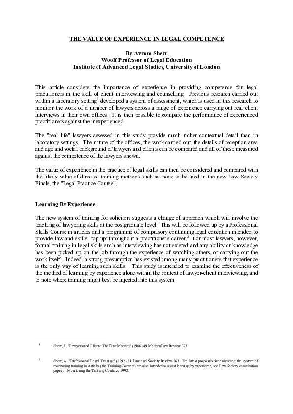 (PDF) The value of experience in legal competence | Avrom Sherr ...