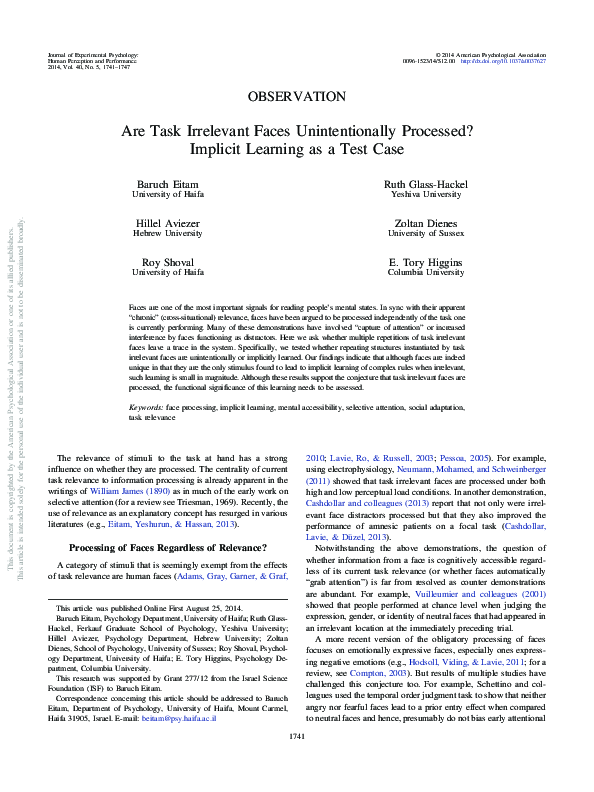 (PDF) Are task irrelevant faces unintentionally processed? Implicit ...