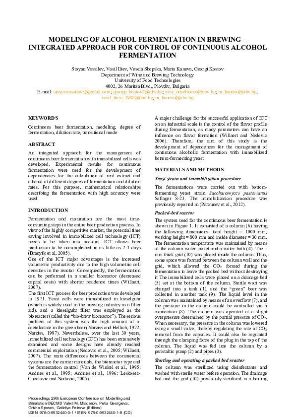 (PDF) Modeling Of Alcohol Fermentation In Brewing –Integrated Approch For Control Of Continuous ...