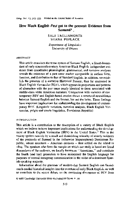 (PDF) How Black EnglishPastgot to the present: Evidence from Samaná