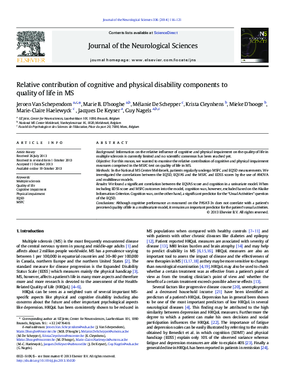 (PDF) Relative contribution of cognitive and physical disability components to quality of life in MS