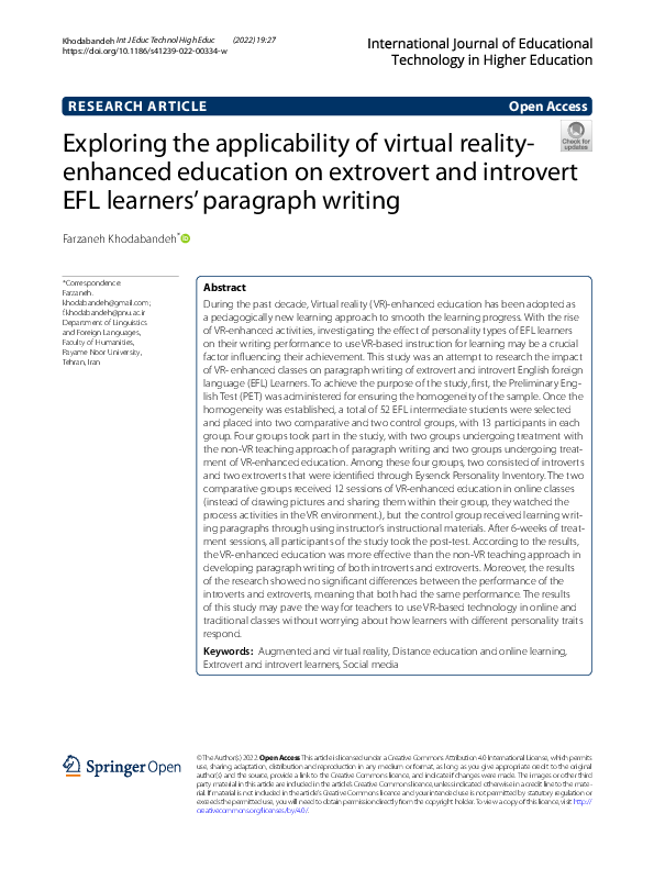 (PDF) Exploring the applicability of virtual reality- enhanced education on extrovert and ...