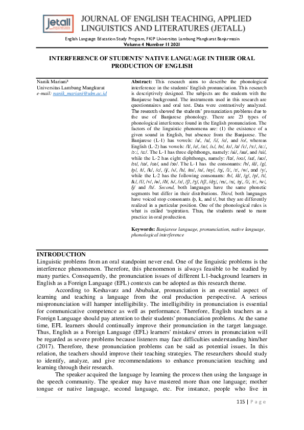 (PDF) Interference of Students' Native Language in Their Oral ...