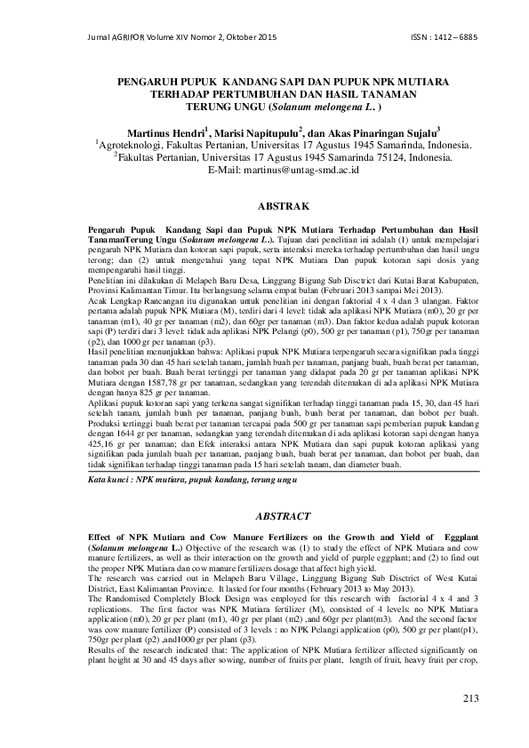 (PDF) PENGARUH PUPUK KANDANG SAPI DAN PUPUK NPK MUTIARA TERHADAP PERTUMBUHAN DAN HASIL TANAMAN ...