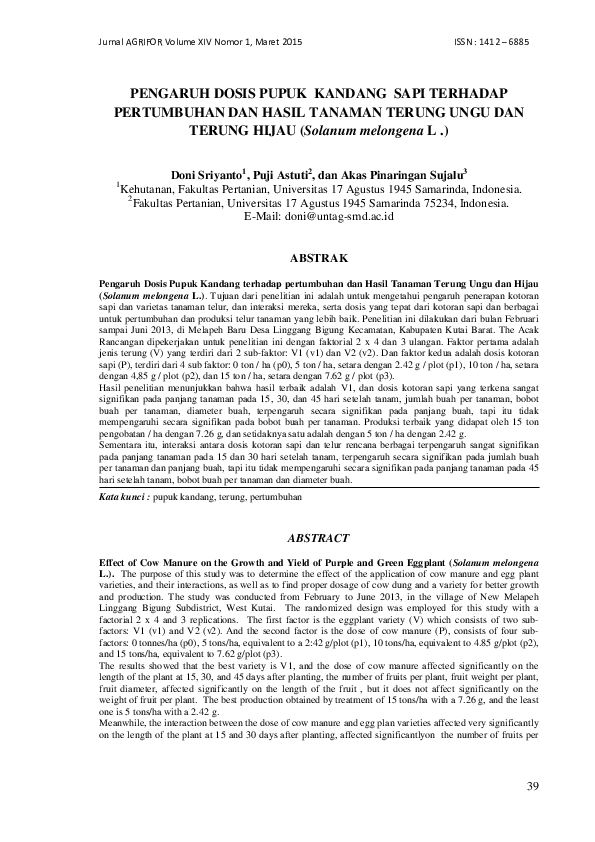 (PDF) PENGARUH DOSIS PUPUK KANDANG SAPI TERHADAP PERTUMBUHAN DAN HASIL TANAMAN TERUNG UNGU DAN ...