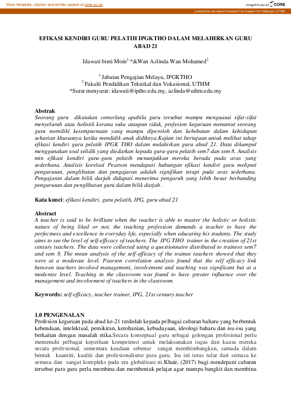 (PDF) Efikasi Kendiri Guru Pelatih Ipgktho Dalam Melahirkan Guru Abad 21