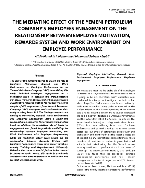 (PDF) THE MEDIATING EFFECT OF THE YEMENI PETROLEUM COMPANY'S EMPLOYEES ENGAGEMENT ON THE ...