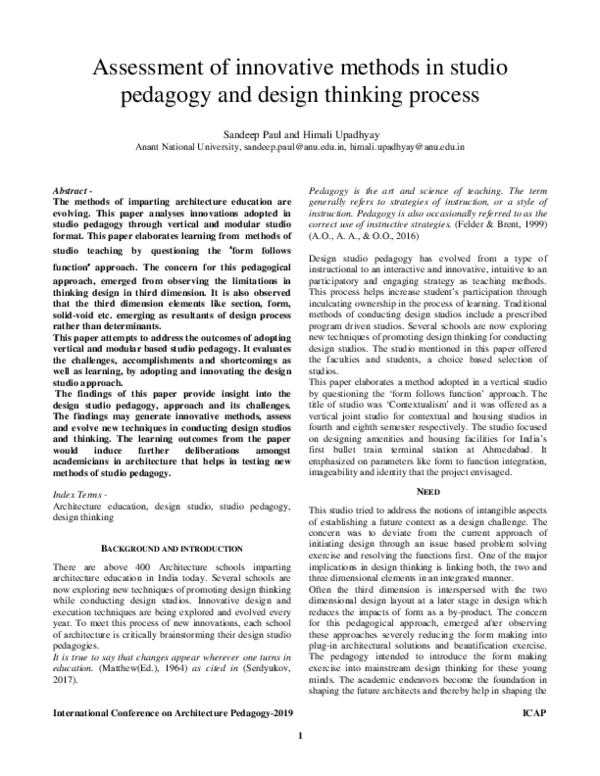 (PDF) Assessment of innovative methods in studio pedagogy and design thinking process | sandeep ...