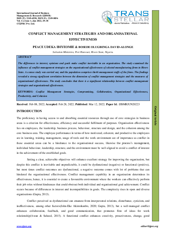 (PDF) CONFLICT MANAGEMENT STRATEGIES AND ORGANISATIONAL EFFECTIVENESS