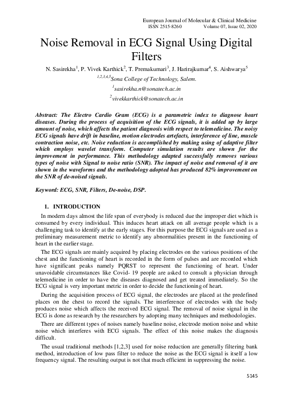 (PDF) Noise Removal in ECG Signal Using Digital Filters